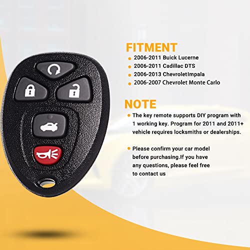 Key Fob Keyless Entry Remote Compatible with 2006-2013 Chevy Chevrolet Impala丨 Monte Carlo丨 Buick Lucerne 丨 Cadillac DTS Car Key Replacement 5 Buttons with FCC ID OUC60270, OUC60221