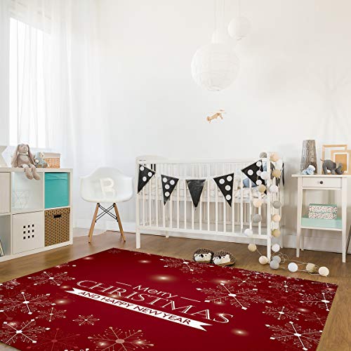 Area Rug Absorbent Non-Slip Rectangle Rug Merry Christmas Romantic Snowflake Red Rugs for Living Room Bedroom Kitchen Entryway, Soft Floor Mat Indoor Carpet Accent Rugs 2x3 Feet