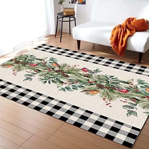 Rectangular Rug Living Room Area Rug - Christmas Winter Poinsettia and Berries Carpet Non-Slip Backing Area Rug Indoor Rug Bedroom Playroom Carpet Floor Mat, 2'x3'