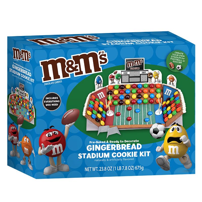 M&M Gingerbread Stadium Cookie Kit - 23.3 OZ (1 LB 7.3oz) Sports Themed Baking Kit - Gingerbread Soccer and American Football Stadium featuring Classic M&M Chocolates