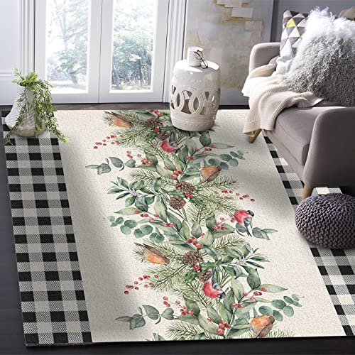 Rectangular Rug Living Room Area Rug - Christmas Winter Poinsettia and Berries Carpet Non-Slip Backing Area Rug Indoor Rug Bedroom Playroom Carpet Floor Mat, 2'x3'