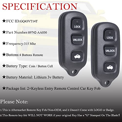 2 Key Fob Remote Replacement Fits for Toyota Sienna 1999 2000 2001 2002 2003/Matrix&Pontiac Vibe 03 2004 2005 2006 2007 2008/Camry 02-06/Solara 02-03 Q43VT14T Keyless Entry Remote Control 89742-AA030