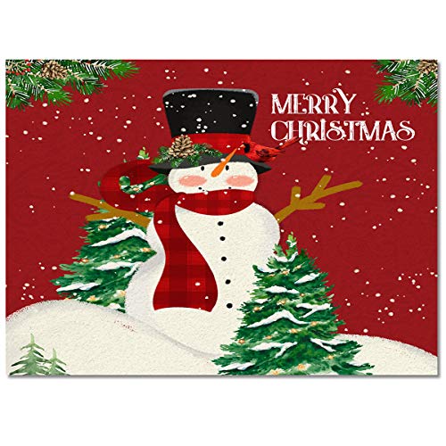 Indoor Area Rug - Welcome Mat Living Room Area Rugs Washable Non-Slip Floor Carpet for Bedroom Farmhouse Dorm (Merry Christmas Snowman Xmas Tree Red, 2'x3')