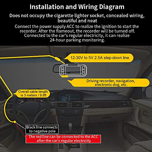 Gorgeri Dash Cam Hardwire Kit,12V/24V to 5V 2.5A Parking Monitor Converter Cable Left Angle Mini USB Step-Down Line for Parking Monitoring,Parking Monitoring Line