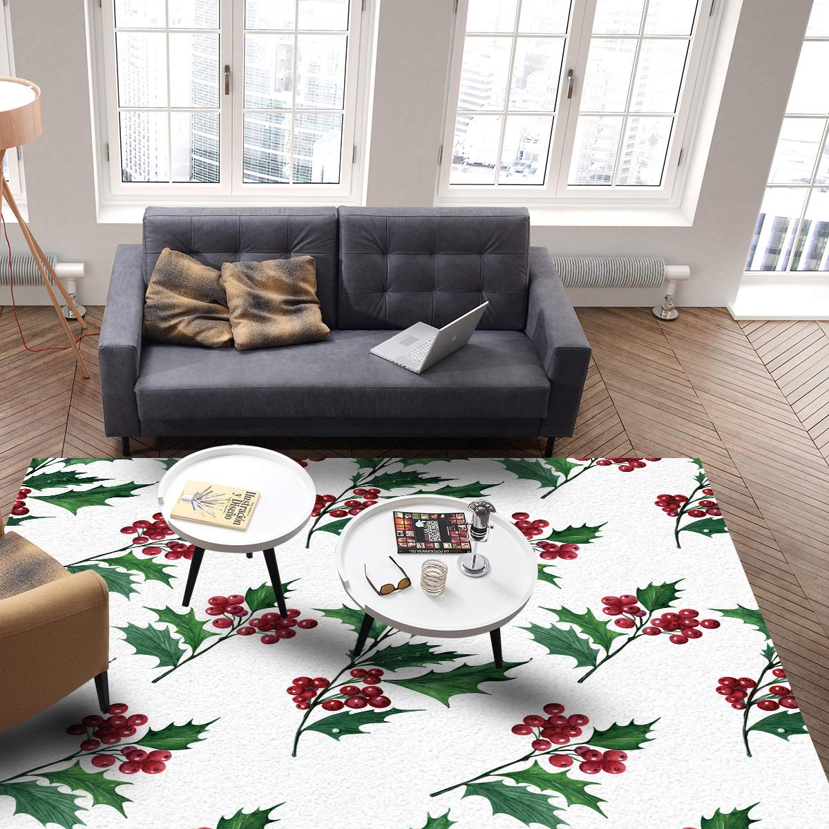 Area Rug Absorbent Non-Slip Rectangle Rug Christmas Holly and Berries Rugs for Living Room Bedroom Kitchen Entryway, Soft Floor Mat Indoor Carpet Accent Rugs 2x3 Feet