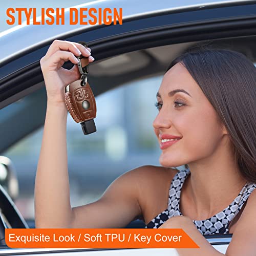 Slohif for Benz Key Fob Cover Keychain Accessories for Mercedes A C E S Class GLK CLA GLA GLC GLE CLS SLK AMG E260l C200l 3 Buttons, Leather Case+D-Ring+Hook(Brown)