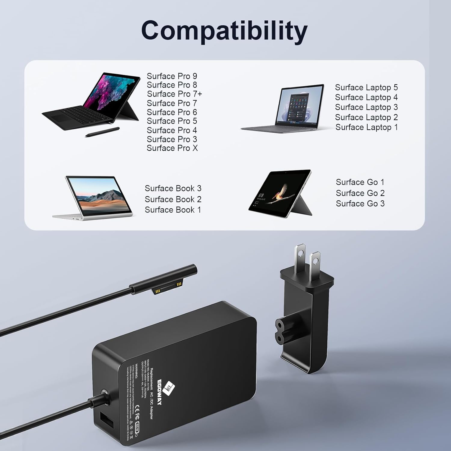Microsoft Surface Charger 65W 15V 4A AC Power Supply Compatible with Surface Pro X 8 7 6 5 4 3/ Surface Laptop 4 3 2 1 / Surface Book 2/3 13.5β Surface Pro Charger with Wall Plug and 6ft Power Cord