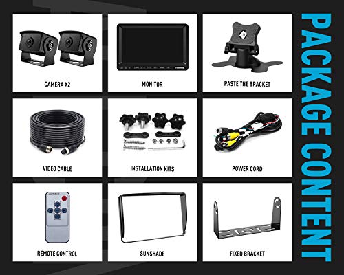 Fookoo Ⅱ 7" 1080P Wired Backup Camera System, 7-inch HD Dual Split Screen Monitor W/Recording IP69 Waterproof Front/Rear View Cameras Parking Lines for Truck/Trailer/RV (FHD2)