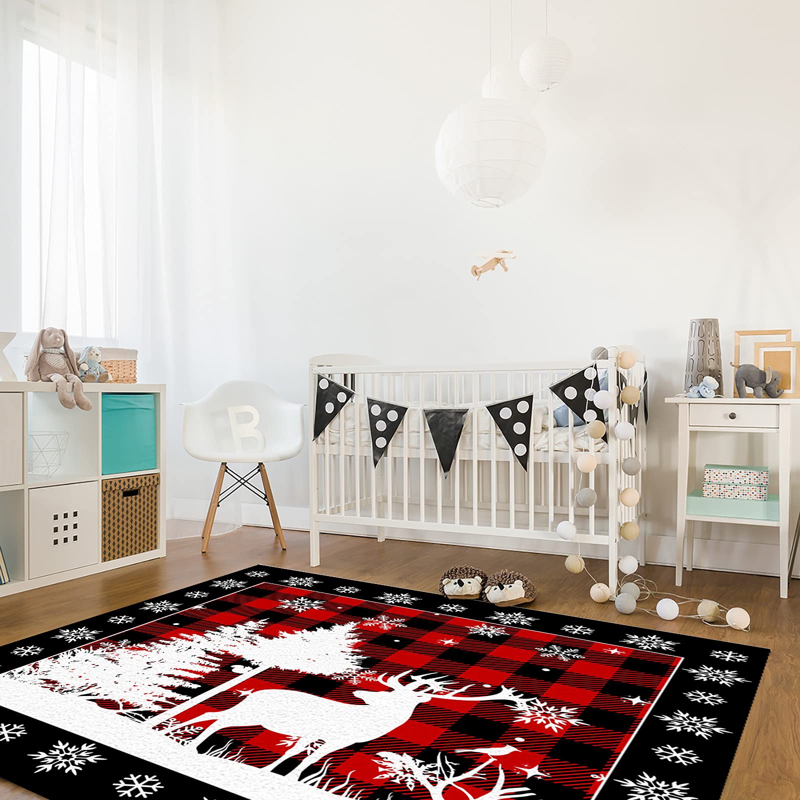 Seven Roses Rectangular Area Rug for Living Room, Bedroom, White Xmas Tree Elk Snowflake Non-Slip Residential Carpet, Kitchen Rugs, Red Buffalo Plaid Christmas Floor Mat with Rubber Backing 2' x 3'