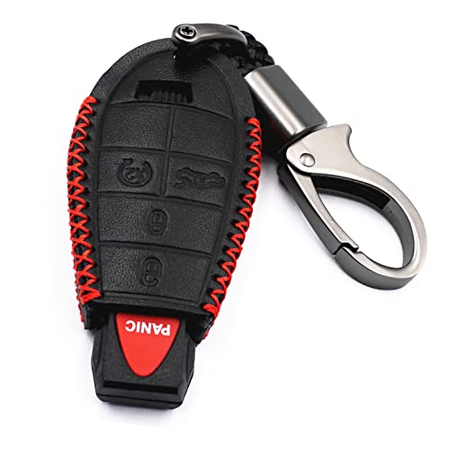 MJKEYAuto Black Leather 5 Buttons Smart Remote Key Fob Cover Chain Case for Chrysler 300 Dodge Challenger Charger Durango Magnum Jeep Grand Cherokee M3N5WY783X IYZ-C01C
