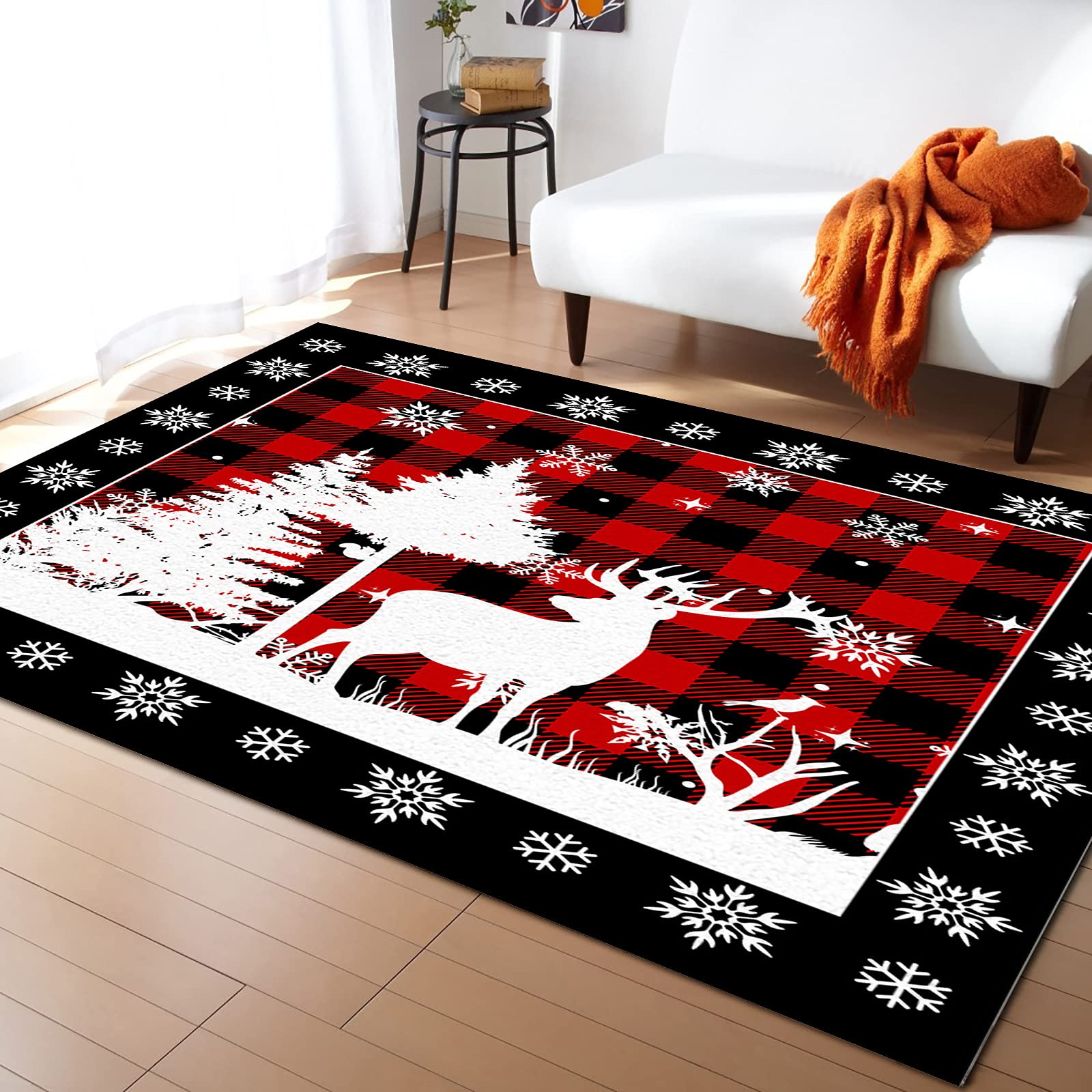 Seven Roses Rectangular Area Rug for Living Room, Bedroom, White Xmas Tree Elk Snowflake Non-Slip Residential Carpet, Kitchen Rugs, Red Buffalo Plaid Christmas Floor Mat with Rubber Backing 2' x 3'