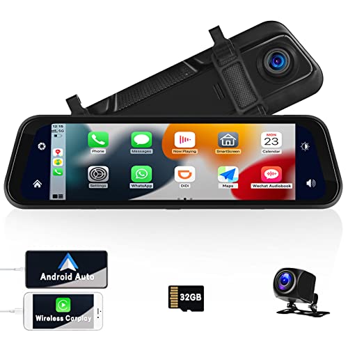 9.66" Mirror Dash Cam Front and Rear with Wireless CarPlay Android Auto Rear View Mirror Camera for Cars & Trucks, Enhanced Night Vision, IPS Touch Screen, Voice Control, Dual Cameras+32G Card, 7V-36V