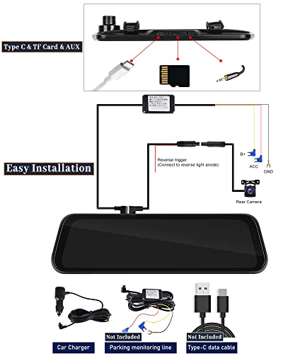 9.66" Mirror Dash Cam Front and Rear with Wireless CarPlay Android Auto Rear View Mirror Camera for Cars & Trucks, Enhanced Night Vision, IPS Touch Screen, Voice Control, Dual Cameras+32G Card, 7V-36V