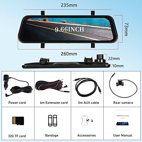 9.66" Mirror Dash Cam Front and Rear with Wireless CarPlay Android Auto Rear View Mirror Camera for Cars & Trucks, Enhanced Night Vision, IPS Touch Screen, Voice Control, Dual Cameras+32G Card, 7V-36V