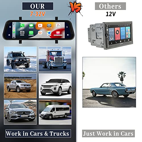 9.66" Mirror Dash Cam Front and Rear with Wireless CarPlay Android Auto Rear View Mirror Camera for Cars & Trucks, Enhanced Night Vision, IPS Touch Screen, Voice Control, Dual Cameras+32G Card, 7V-36V