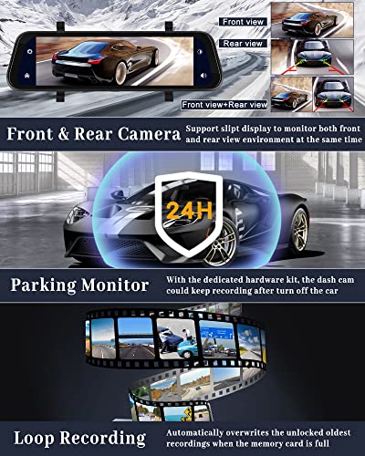 9.66" Mirror Dash Cam Front and Rear with Wireless CarPlay Android Auto Rear View Mirror Camera for Cars & Trucks, Enhanced Night Vision, IPS Touch Screen, Voice Control, Dual Cameras+32G Card, 7V-36V