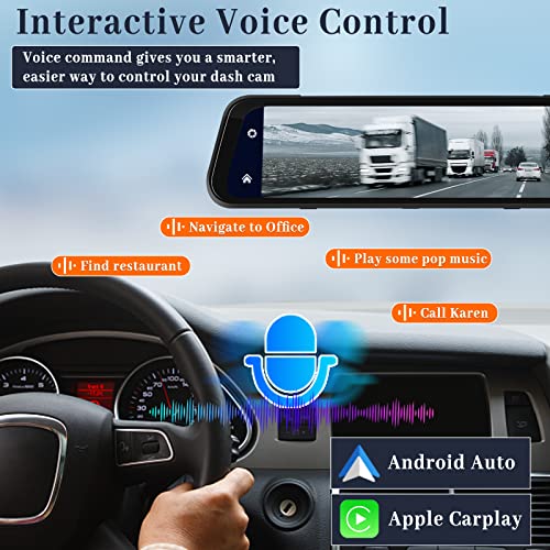 9.66" Mirror Dash Cam Front and Rear with Wireless CarPlay Android Auto Rear View Mirror Camera for Cars & Trucks, Enhanced Night Vision, IPS Touch Screen, Voice Control, Dual Cameras+32G Card, 7V-36V