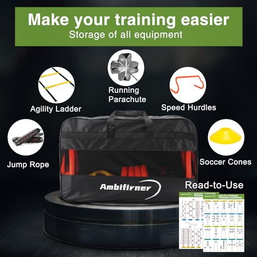 Ambifirner Agility Training Equipment Set - Agility Ladder(12 Rungs/20ft), 4 Speed Hurdles, 12 Training Cones, Jump Rope, Parachute for Speed/Soccer/Football Training with Carry Bag