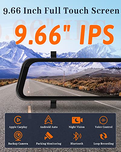 9.66" Mirror Dash Cam Front and Rear with Wireless CarPlay Android Auto Rear View Mirror Camera for Cars & Trucks, Enhanced Night Vision, IPS Touch Screen, Voice Control, Dual Cameras+32G Card, 7V-36V