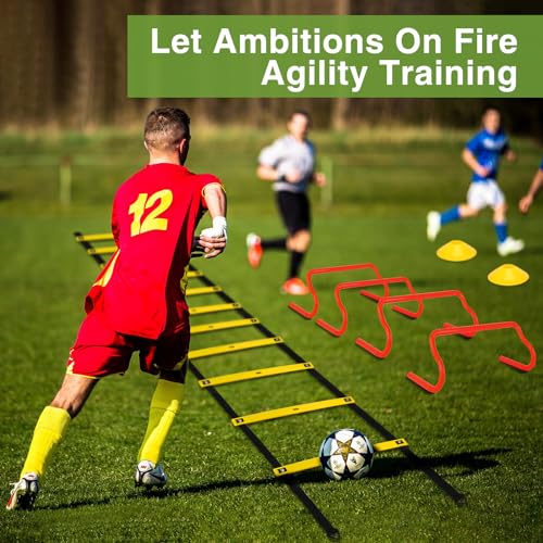 Ambifirner Agility Training Equipment Set - Agility Ladder(12 Rungs/20ft), 4 Speed Hurdles, 12 Training Cones, Jump Rope, Parachute for Speed/Soccer/Football Training with Carry Bag