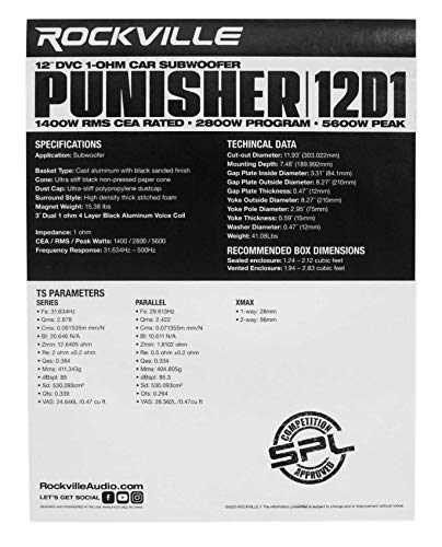 Rockville Punisher 12D1 12" 5600w Peak Car Audio Competition Subwoofer Dual 1-Ohm Sub 1400w RMS CEA Rated