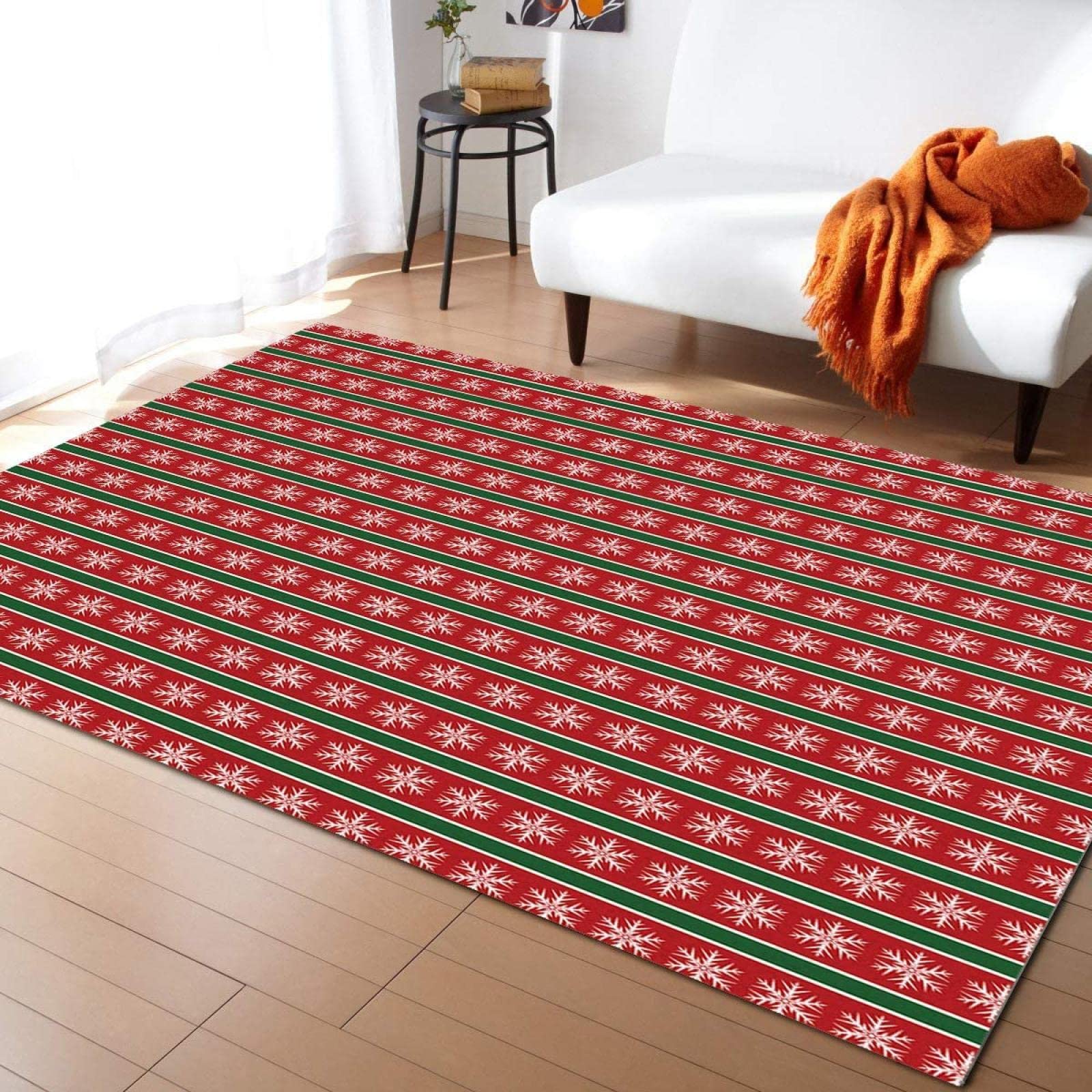 White Snowflake Christmas Decoration Area Rug, Modern Red Green Geometric Stripes Indoor Non-Slip Kids Rugs, Soft Machine Washable Carpet, for Front Porch Kitchen Entryway Doormats-4' x 6'