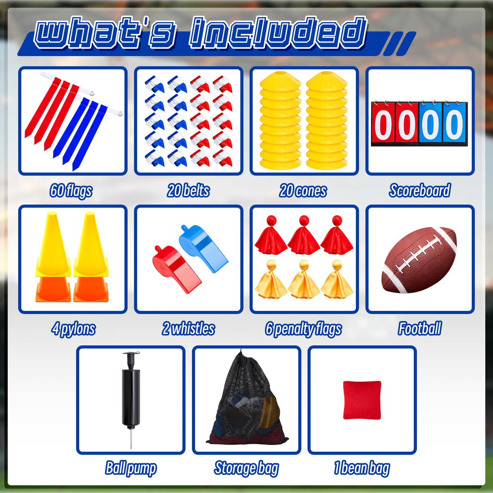 Liliful 20 Player Football Penalty Flags Set, Includes 1 Rugby 20 Adjustable Flag Belts 2 Whistles and Carrying Bag for Adult(Red and Blue)
