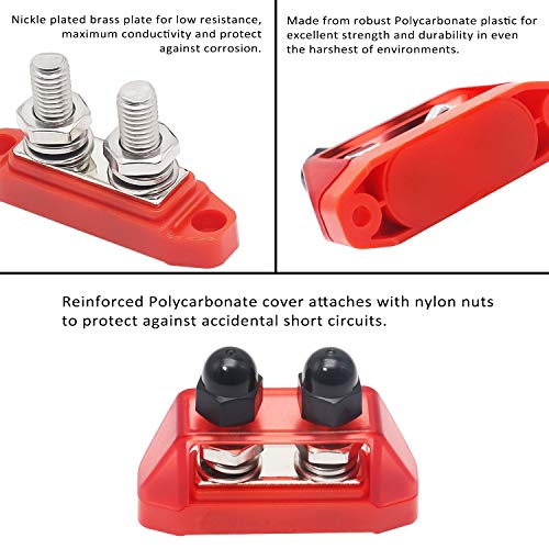 RECOIL S2P-38 Busbar Dual 3/8β Studs Terminal Power Distribution Block with Ring Terminals Pair Red & Black