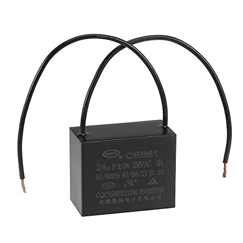 uxcell Ceiling Fan Capacitor CBB61 24uF 250V AC 2 Wires Metallized Polypropylene Film Capacitor 48x38x26mm for Electric Fan Pump Motor Generator