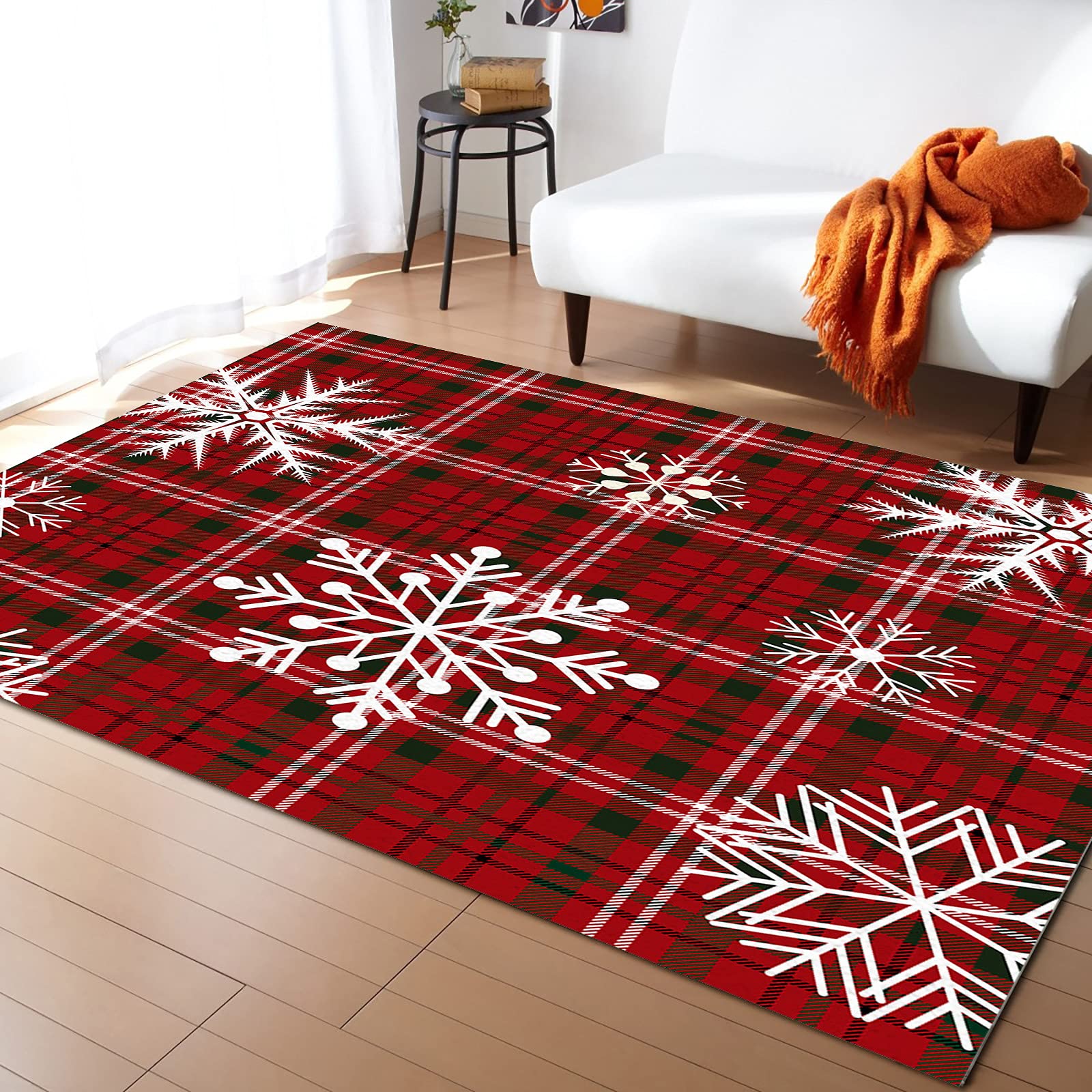 Merry Christmas Area Rug Indoor Carpet 2"x3", Winter Snowflakes On Red and Black Plaid Anti-Slip Low-Pile and Soft Accent Rug for Living Room Dining Room Bedroom