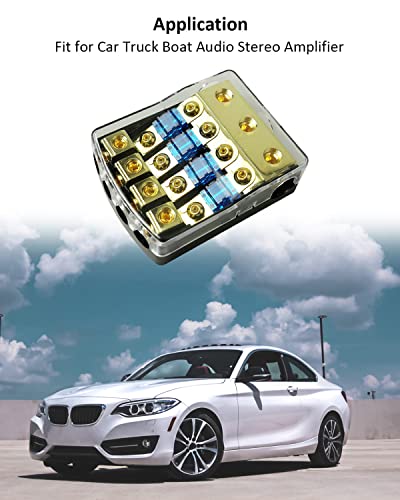 Mini ANL Fuse Holder, Auto Fuse Distribution Block 12V 0/2/4 Gauge in to 4/8 Gauge Out for Car Audio Amplifier Copper Wiring Module, 60Amp 4-Way