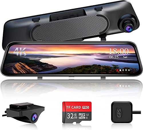 VVCAR Mirror Dash Cam 4K UHD, 12" Full Touch Screen Backup Mirror Camera, Rear View Mirror Camera Front and Rear Camera for Car,Type-C, 24Hr Parking Monitor, GPS, 32GB/u1 MicroSD Card Included - VC10