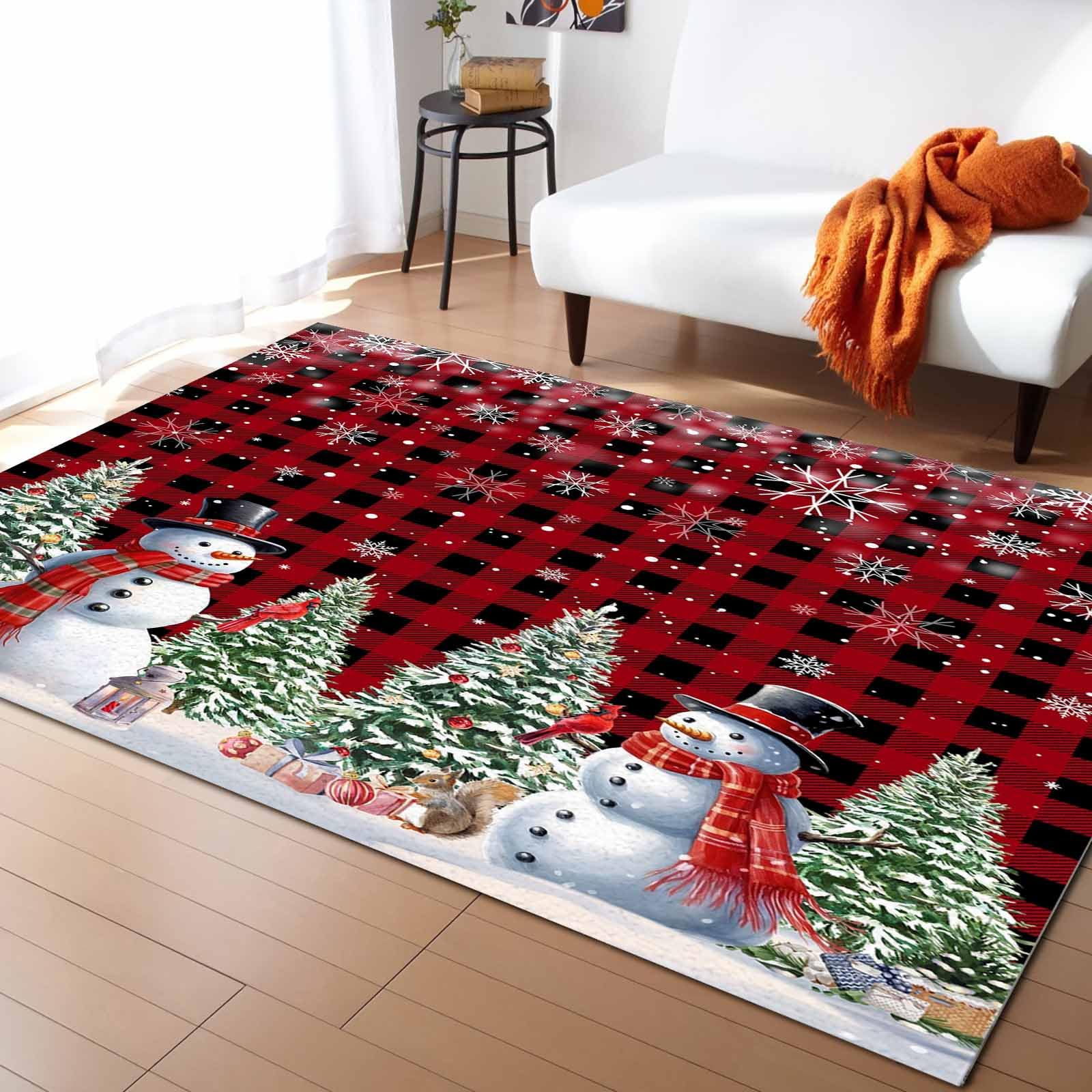 Christmas Snowman Area Rugs Xmas Tree Snowflake Red and Black Buffalo Plaid Non-Slip Washable Rug Indoor Rug Floor Mats Non Shedding Carpet for Living Room Bedroom Dining Room Home Decor 2.7x5 Ft