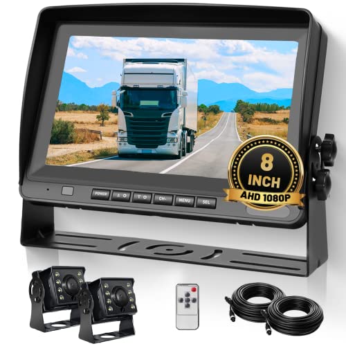 Dual Backup Camera System 8 Inch Monitor with 65FT Video Cable, AHD 1080P Night Vision Waterproof Rear View Cam for Truck/Trailer/Semi-Trailer/Box Truck/RV/Pickup Truck 12-24V