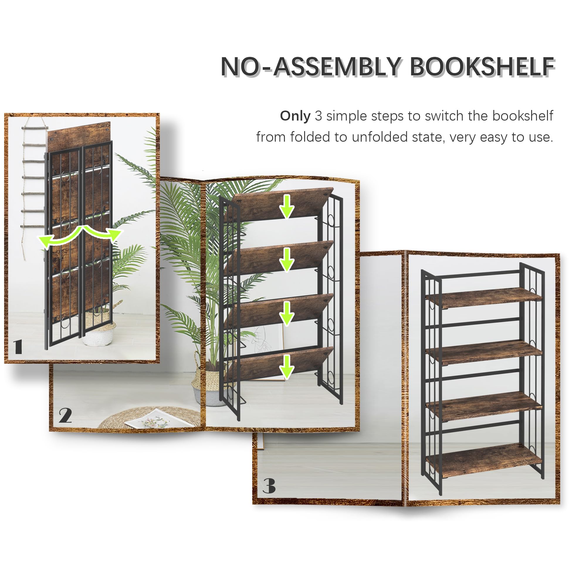 4NM No-Assembly 4 Tiers Folding Bookshelf Storage Shelves Vintage Bookcase Standing Racks Study Organizer Home Office - Rustic Brown and Black