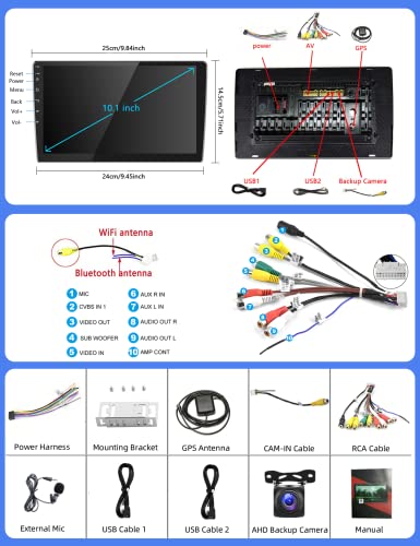10 Inch Android Car Stereo Double Din with Wireless Carplay Android Auto, Touch Screen Car Radio Supports GPS Navigation, WiFi, Hi-Fi Sound, FM/RDS Radio, Split Screen+ Backup Camera