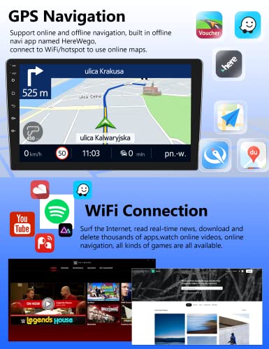 10 Inch Android Car Stereo Double Din with Wireless Carplay Android Auto, Touch Screen Car Radio Supports GPS Navigation, WiFi, Hi-Fi Sound, FM/RDS Radio, Split Screen+ Backup Camera