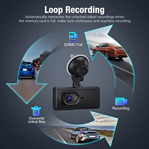 Sarmert 4K 3 Channel Dash Cam Built-in WiFi&GPS, 4” IPS Touch Screen Car Camera, Dash Cam with IR Night Vision, 64GB EMMC Car Dashboard Camera Recorder with Parking Mode, G-Sensor, Loop Recording
