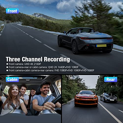Sarmert 4K 3 Channel Dash Cam Built-in WiFi&GPS, 4” IPS Touch Screen Car Camera, Dash Cam with IR Night Vision, 64GB EMMC Car Dashboard Camera Recorder with Parking Mode, G-Sensor, Loop Recording