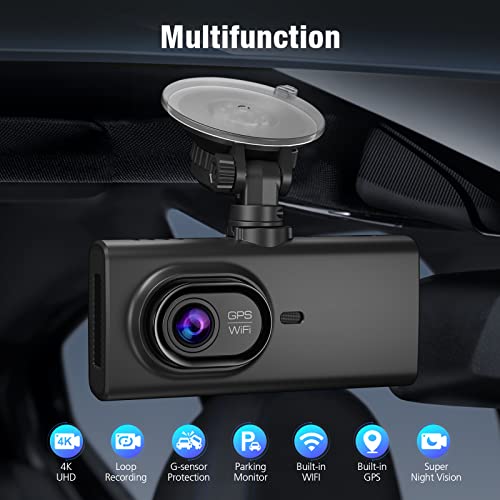 Sarmert 4K 3 Channel Dash Cam Built-in WiFi&GPS, 4” IPS Touch Screen Car Camera, Dash Cam with IR Night Vision, 64GB EMMC Car Dashboard Camera Recorder with Parking Mode, G-Sensor, Loop Recording