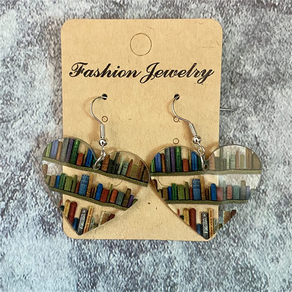 THIBOWOCK Bookcase Heart Dangle Earrings Acrylic Wood Bookshelf Drop Earring Book Shelves Patterned for Woman Girl-book nook