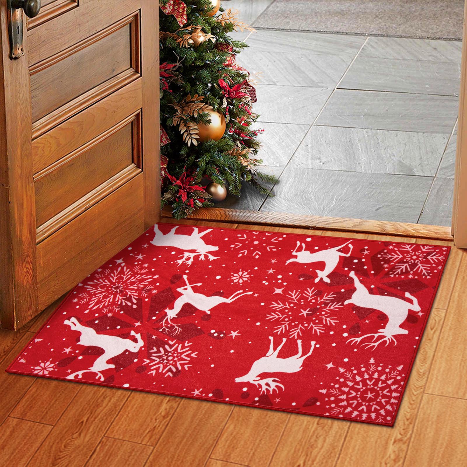 Asrug Christmas Red Rug-2x3 Reindeer Washable Area Rug Entryway Throw Rugs Indoor Doormat Diamond Floor Cover Snowflake Accent Low Pile Small Carpet for Bedroom Living Room Entry Decor