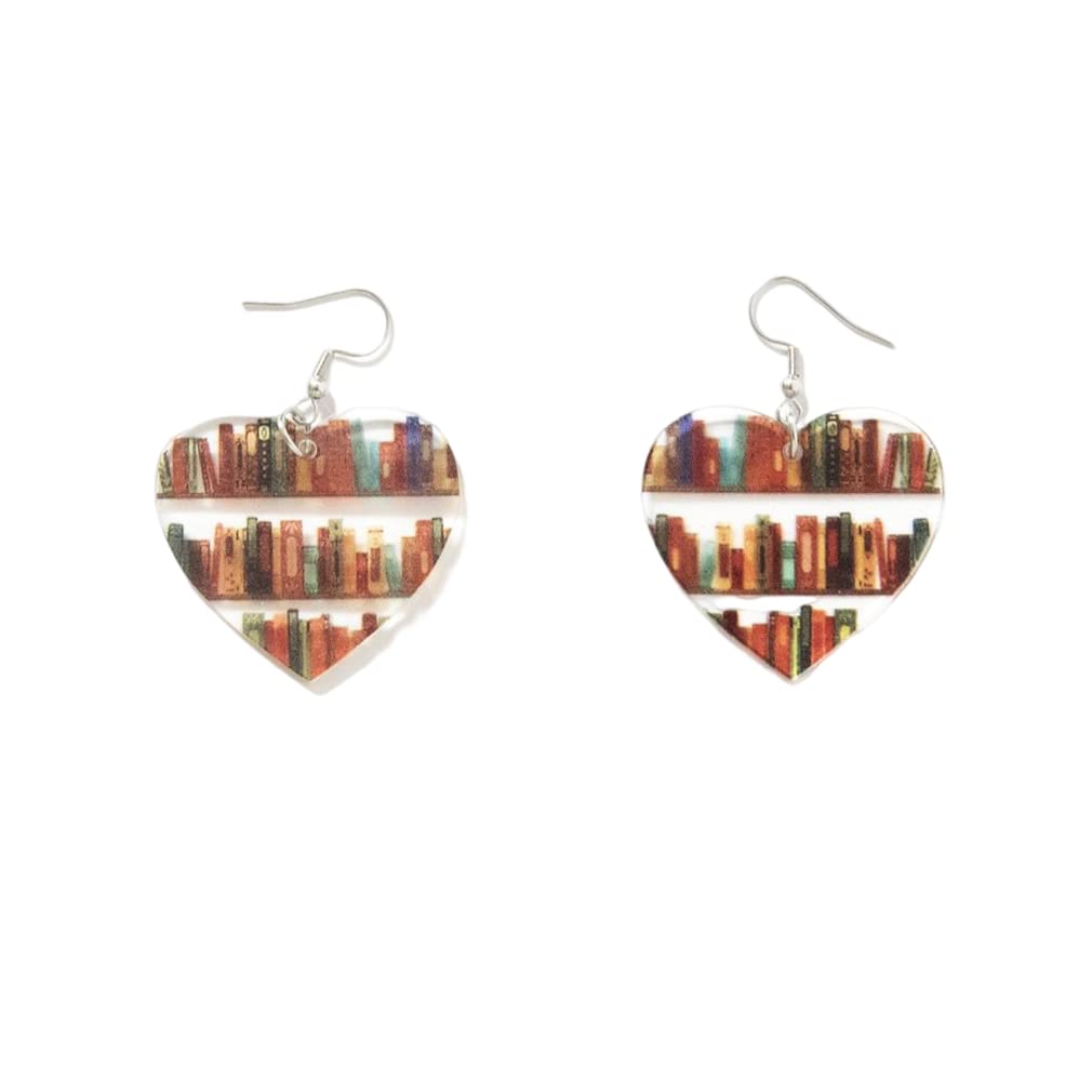 THIBOWOCK Bookcase Heart Dangle Earrings Acrylic Wood Bookshelf Drop Earring Book Shelves Patterned for Woman Girl-book nook