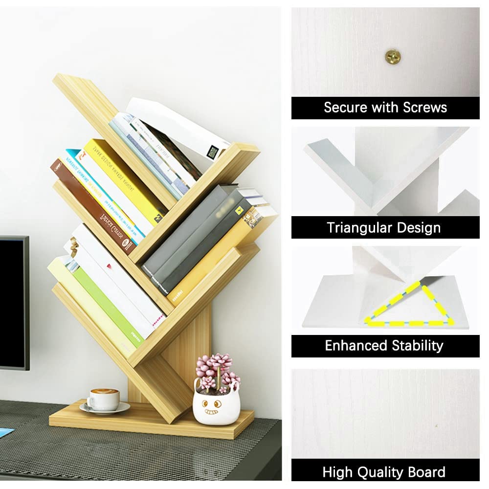 QUMENEY Tree Bookshelf, 5 Shelf Display Bookcase,Tree Bookcase for Books/CDs/Albums/Files Holder, Free Standing Book Shelves Organizer for Office,Bedroom, Living Room (Light Walnut)
