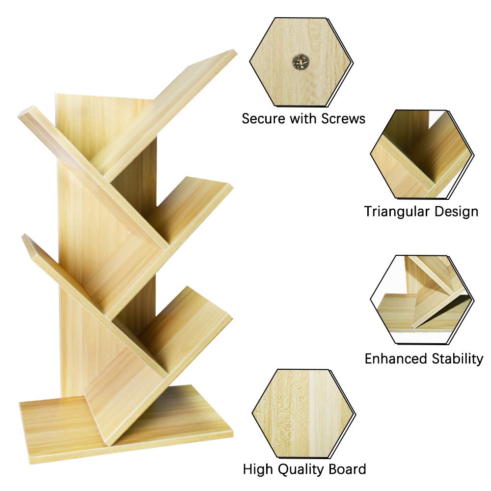 QUMENEY Tree Bookshelf, 5 Shelf Display Bookcase,Tree Bookcase for Books/CDs/Albums/Files Holder, Free Standing Book Shelves Organizer for Office,Bedroom, Living Room (Light Walnut)