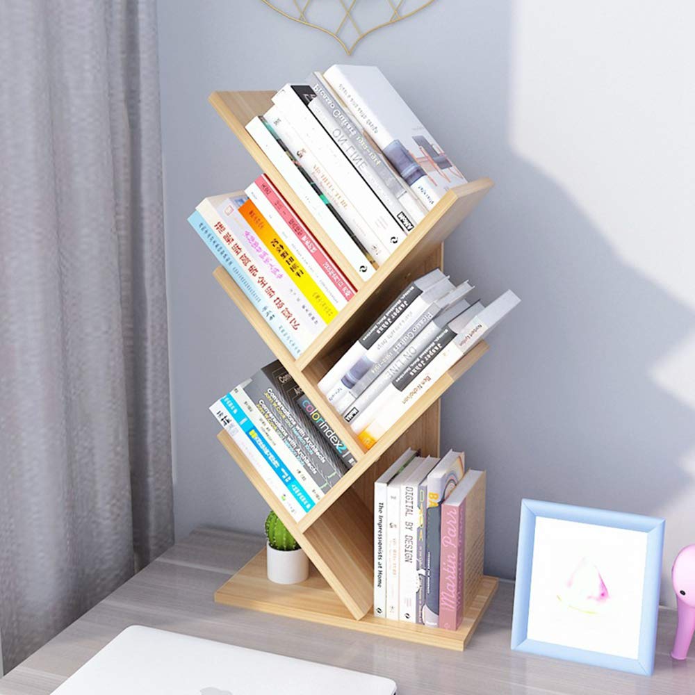 QUMENEY Tree Bookshelf, 5 Shelf Display Bookcase,Tree Bookcase for Books/CDs/Albums/Files Holder, Free Standing Book Shelves Organizer for Office,Bedroom, Living Room (Light Walnut)