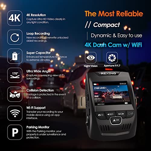 RexingUSA V1-4K Ultra HD Car Dash Cam with Wi-Fi 2.4” LCD Screen | 170° Wide Angle Dashboard Camera Recorder with G-Sensor | WDR | Loop Recording | Supercapacitor | Mobile App | 256GB Supported