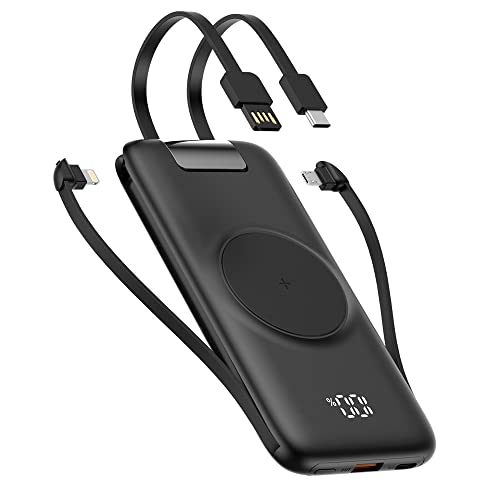 Wireless Portable Charger Fast Charging, Power Bank with Built in Cable, 10000mAh Ultra Slim Mobile Power Bank, Six Output & Dual Input External Battery Pack Compatible with iPhone, Android etc