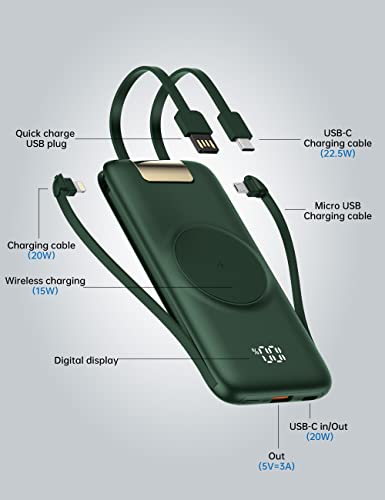 Wireless Portable Charger Fast Charging, Power Bank with Built in Cable, 10000mAh Ultra Slim Mobile Power Bank, Six Output & Dual Input External Battery Pack Compatible with iPhone, Android etc