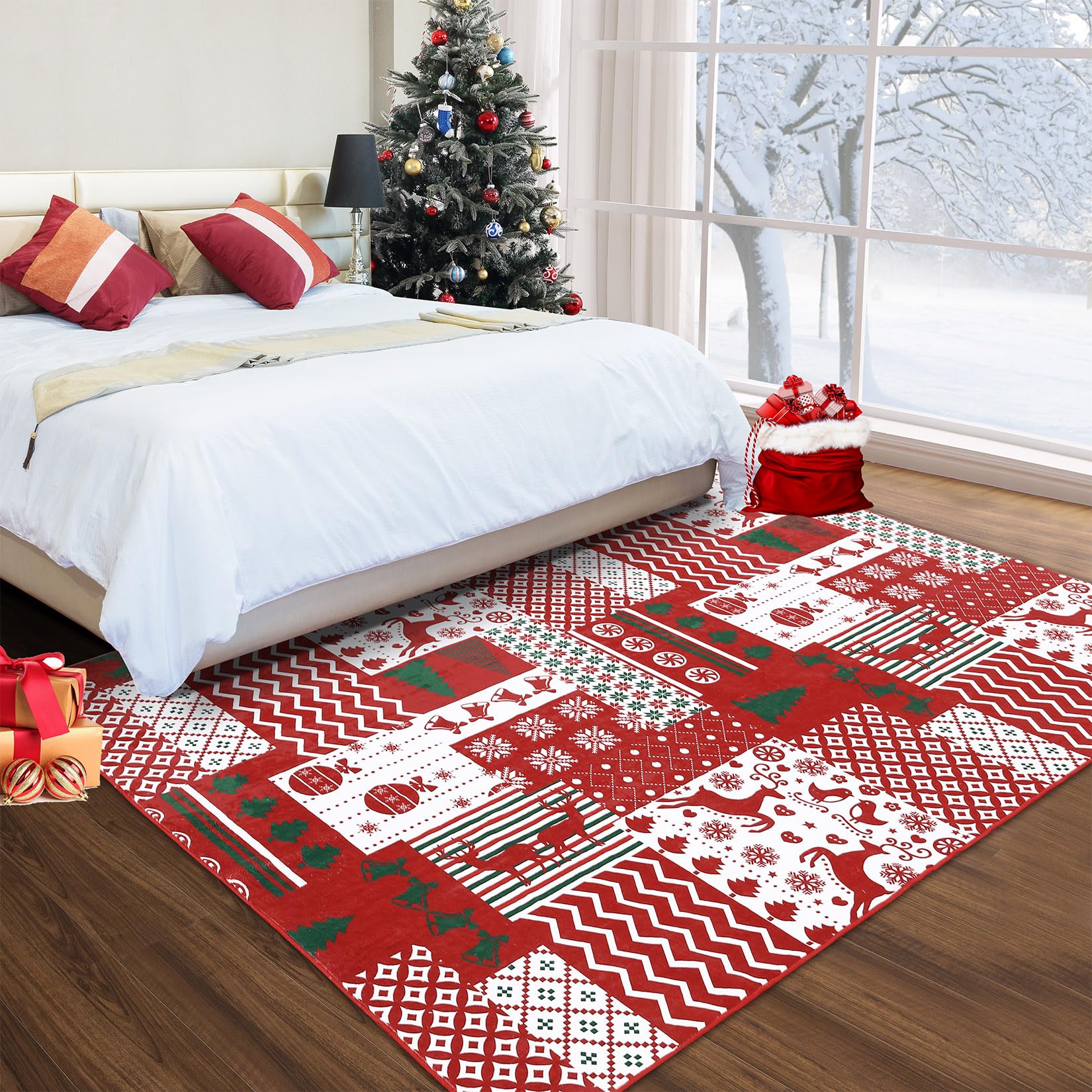 RUGSREAL Washable Christmas Area Rug Christmas Patchwork Area Rugs Carpet Holiday Decorative Carpet Rug Velvet Foldable Coffee Table Accent Rug Farmhouse Dining Table Rug Bedroom Decor, 4' x 6'